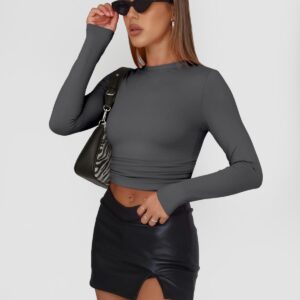 Trendy Queen Long Sleeve Shirts for Women Basic Spring Crop Tops Tight Slim Fit Cute Going Out Outfits Teen Girls Fall Winter Y2k Clothes 2024 Gray