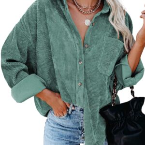 Dokotoo Womens Corduroy Shirts Button Down V Neck Long Sleeve Blouse Casual Roll Up Cuffed Tops with Pockets L Green