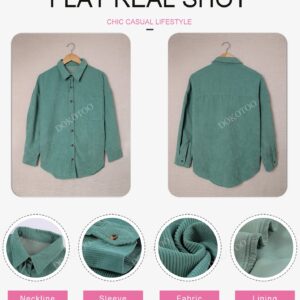 Dokotoo Womens Corduroy Shirts Button Down V Neck Long Sleeve Blouse Casual Roll Up Cuffed Tops with Pockets L Green