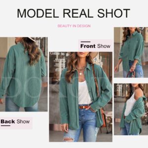 Dokotoo Womens Corduroy Shirts Button Down V Neck Long Sleeve Blouse Casual Roll Up Cuffed Tops with Pockets L Green