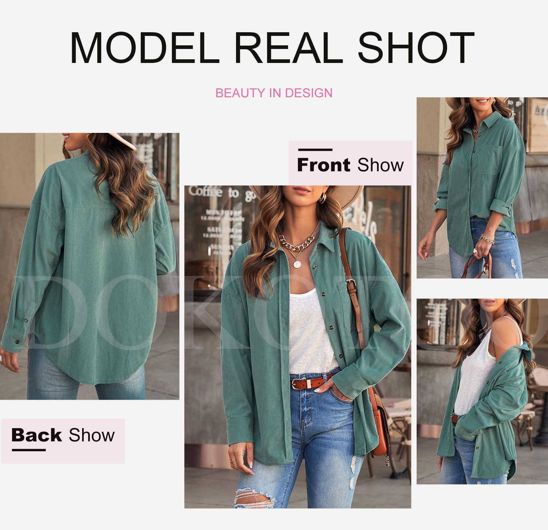 Dokotoo Womens Corduroy Shirts Button Down V Neck Long Sleeve Blouse Casual Roll Up Cuffed Tops with Pockets L Green