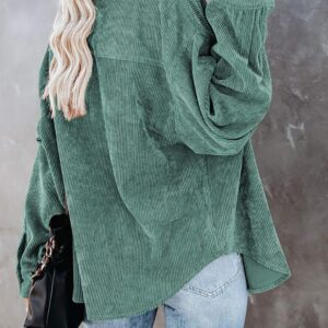 Dokotoo Womens Corduroy Shirts Button Down V Neck Long Sleeve Blouse Casual Roll Up Cuffed Tops with Pockets L Green