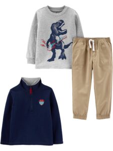 simple joys by carter's boys' 3-piece fleece jacket, long-sleeve shirt, and woven pant playwear set, beige/grey dinosaur/navy, 3t