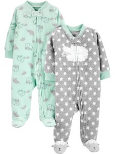 simple joys by carter's baby 2-pack neutral fleece footed sleep and play, grey stars/mint green elephant, 0-3 months