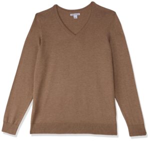 amazon essentials women's classic-fit lightweight long-sleeve v-neck sweater (available in plus size), camel heather, medium