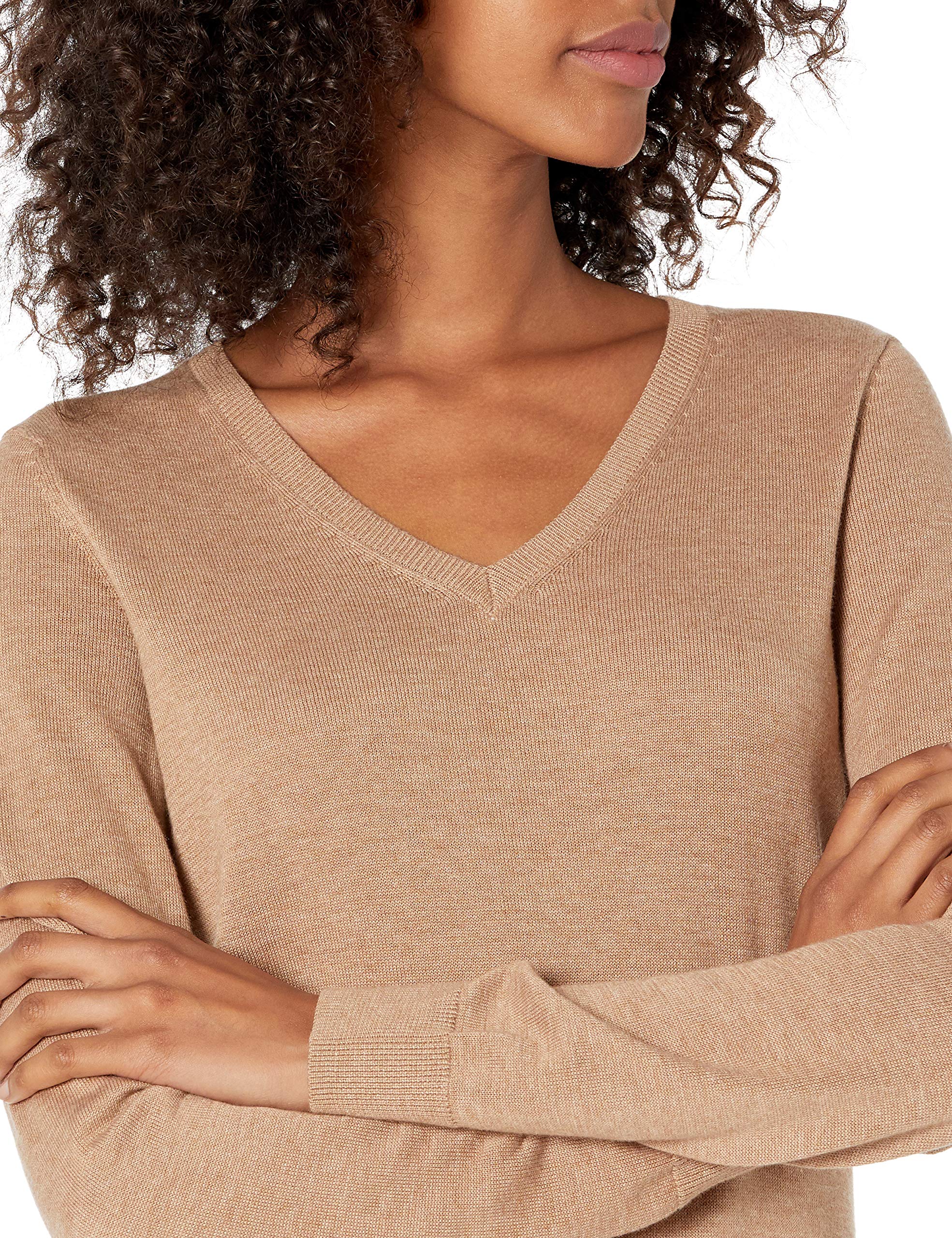 Amazon Essentials Women's Classic-Fit Lightweight Long-Sleeve V-Neck Sweater (Available in Plus Size), Camel Heather, Medium