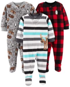 simple joys by carter's baby boys' 3-pack loose fit flame resistant fleece footed pajamas, buffalo check/polar bear/stripe, 18 months