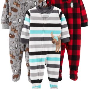 Simple Joys by Carter's Baby Boys' 3-Pack Loose Fit Flame Resistant Fleece Footed Pajamas, Buffalo Check/Polar Bear/Stripe, 18 Months