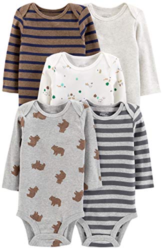 Simple Joys by Carter's Baby Boy's 5-Pack Long-Sleeve Bodysuit Shirt, bears/animals green/stripes, 3-6 Months