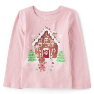 The Children's Place Baby Girls' and Toddler Long Sleeve Christmas Graphic T-Shirt, Gingerbread, 2T