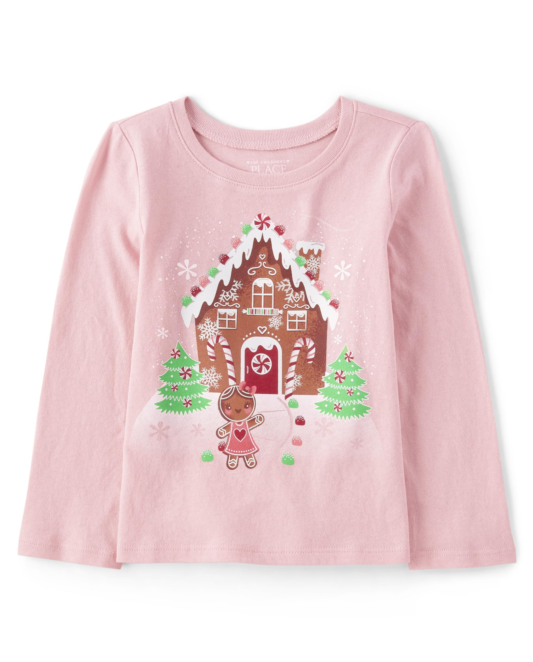 The Children's Place Baby Girls' and Toddler Long Sleeve Christmas Graphic T-Shirt, Gingerbread, 2T