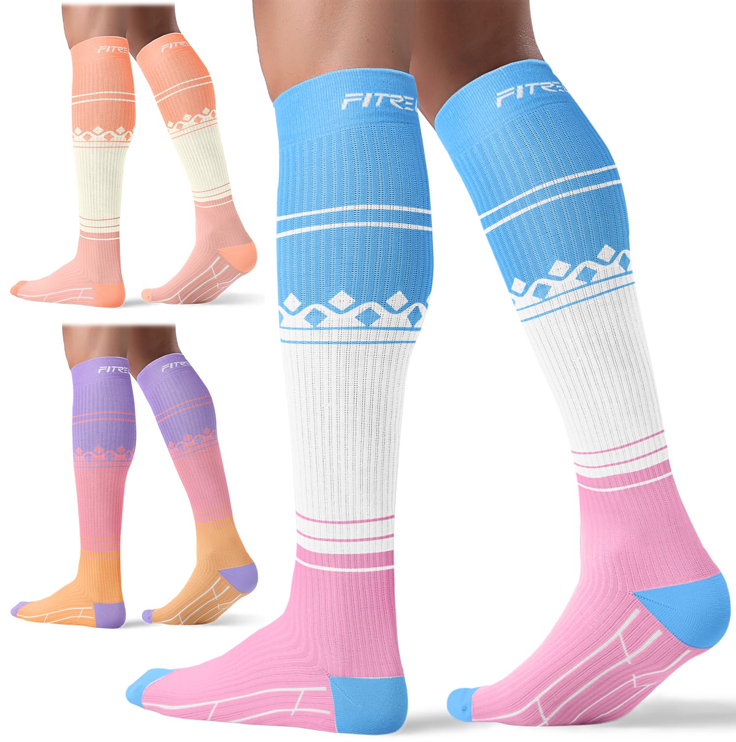 FITRELL 3 Pairs Compression Socks for Women and Men 20-30mmHg- Support Socks for Travel, Running, Nurse, Medical, Bliss Cream, S/M