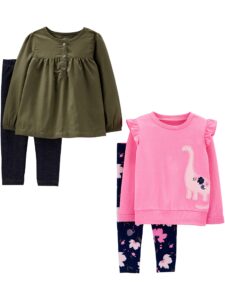 simple joys by carter's toddler girl's 4-piece long-sleeve shirts and pants playwear set pants, olive/pink dino, 5t