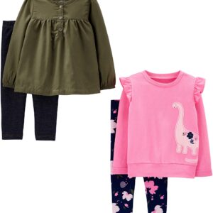 Simple Joys by Carter's Toddler Girl's 4-Piece Long-Sleeve Shirts and Pants Playwear Set Pants, Olive/Pink Dino, 5T