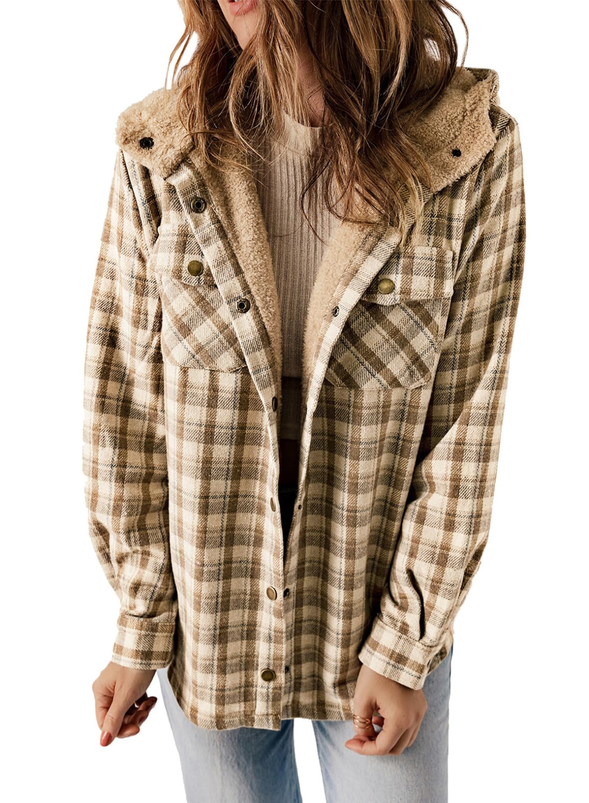 Dokotoo Shacket Jacket Women Fashion Plaid Oversized Hooded Long Sleeve Flannel Shirts Button Down Sherpa Coats Pocketed Casual Winter Fall 2024 Thick Fleece Lined Oversized Outerwear Khaki S