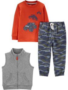 simple joys by carter's toddler boys' 3-piece fleece vest, long-sleeve shirt, and woven pant playwear set, grey heather/navy camo/orange trucks, 3t