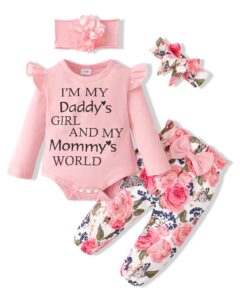 sunny piggy baby girl clothes newborn outfit infant winter fall letter print flower pants set long sleeve romper baby girl's clothing with headband 3-6 months pink 4pcs