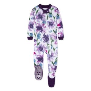 burt's bees baby baby girls pajamas, zip front non-slip footed pjs, 100% organic cotton and toddler sleepers, purple watercolor daylily, 12 months us