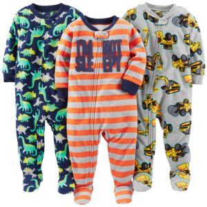 simple joys by carter's baby boys' 3-pack loose fit flame resistant fleece footed pajamas, grey construction/navy dinosaur/orange stripe, 24 months