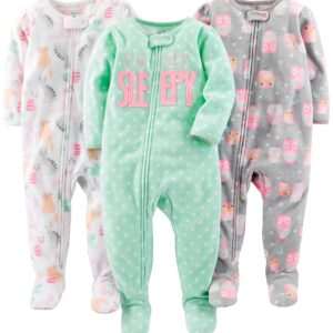 Simple Joys by Carter's Baby Girls' 3-Pack Loose Fit Flame Resistant Fleece Footed Pajamas, Cat/Dots/Owls, 2T