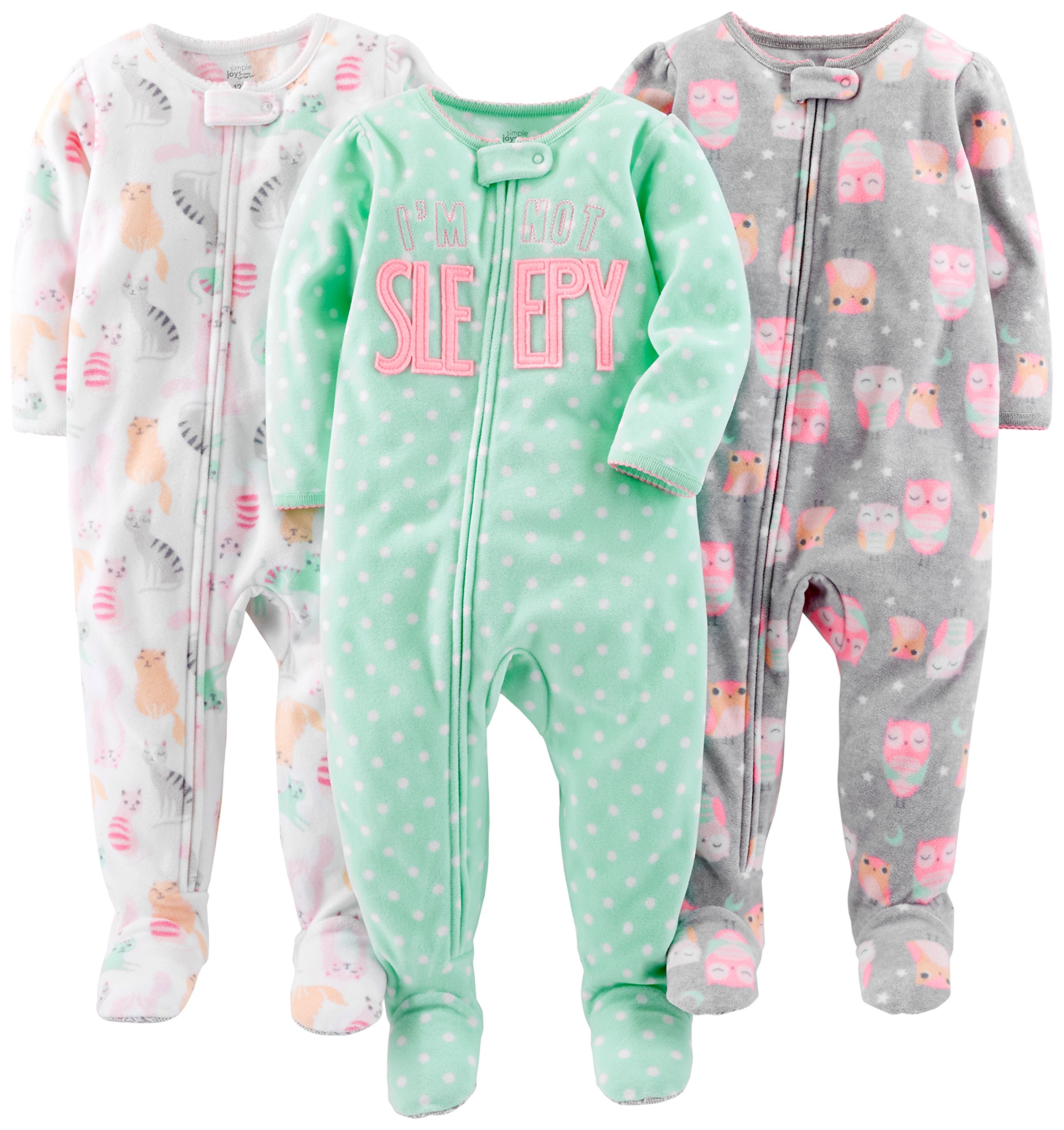 Simple Joys by Carter's Baby Girls' 3-Pack Loose Fit Flame Resistant Fleece Footed Pajamas, Cat/Dots/Owls, 2T