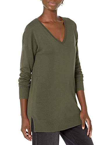 Amazon Essentials Women's Lightweight Long-Sleeve V-Neck Tunic Sweater (Available in Plus Size), Dark Olive, Large