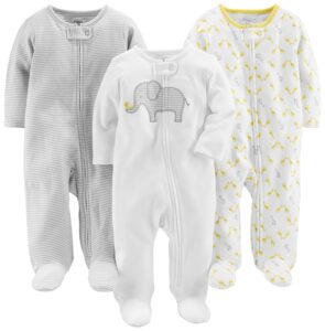 simple joys by carter's baby 3-pack neutral sleep and play, light grey mini stripe/white elephant/giraffe, newborn