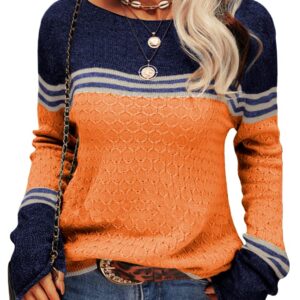 Danedvi Women Autumn Winter Colorblock Pullover Sweaters Round Neck Striped Slim Fitting Knitwear Tops Orange