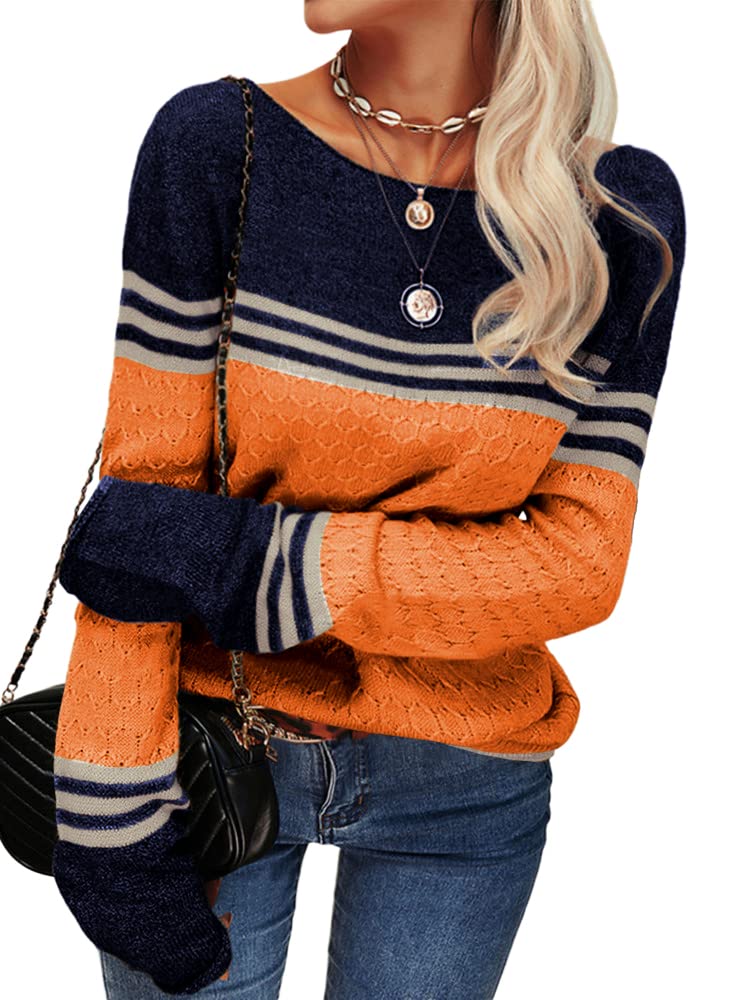 Danedvi Women Autumn Winter Colorblock Pullover Sweaters Round Neck Striped Slim Fitting Knitwear Tops Orange