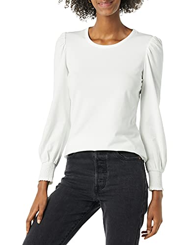 Amazon Essentials Women's Long-Sleeve Crewneck Smocked Cuff T-Shirt, White, Small