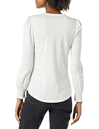 Amazon Essentials Women's Long-Sleeve Crewneck Smocked Cuff T-Shirt, White, Small