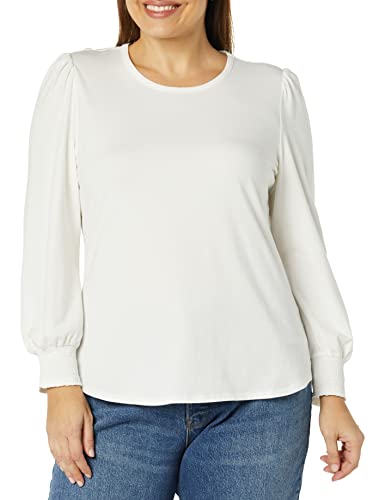 Amazon Essentials Women's Long-Sleeve Crewneck Smocked Cuff T-Shirt, White, Small