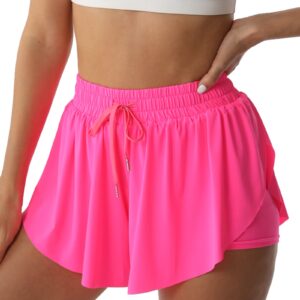 flowy athletic shorts for women running tennis butterfly shorts girls 2-in-1 double layer quick-drying comfy shorts (small, hot-pink)