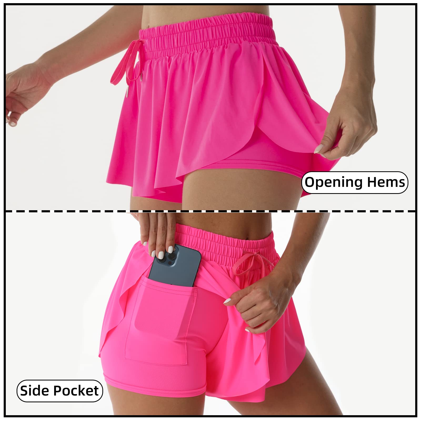 Flowy Athletic Shorts for Women Running Tennis Butterfly Shorts Girls 2-in-1 Double Layer Quick-Drying Comfy Shorts (Small, Hot-Pink)