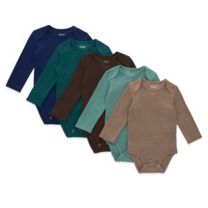 hanes unisex baby long sleeve bodysuit, ultimate flexy boys & girls, 5-pack, blue green dk brown set, 12-18 months us