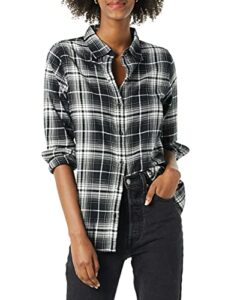 amazon essentials women's classic-fit long-sleeve lightweight plaid flannel shirt, black white large plaid, large