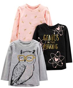 simple joys by carter's girls' 3-pack graphic long-sleeve tees, genius/horses/owl print, 4t