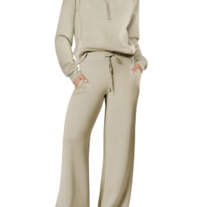 ANRABESS Women 2 Piece Outfits Sweatsuit Oversized Sweatshirt Sweatpants Tracksuit Sweat Lounge Matching Set 2024 Fall Trendy Light Khaki Medium