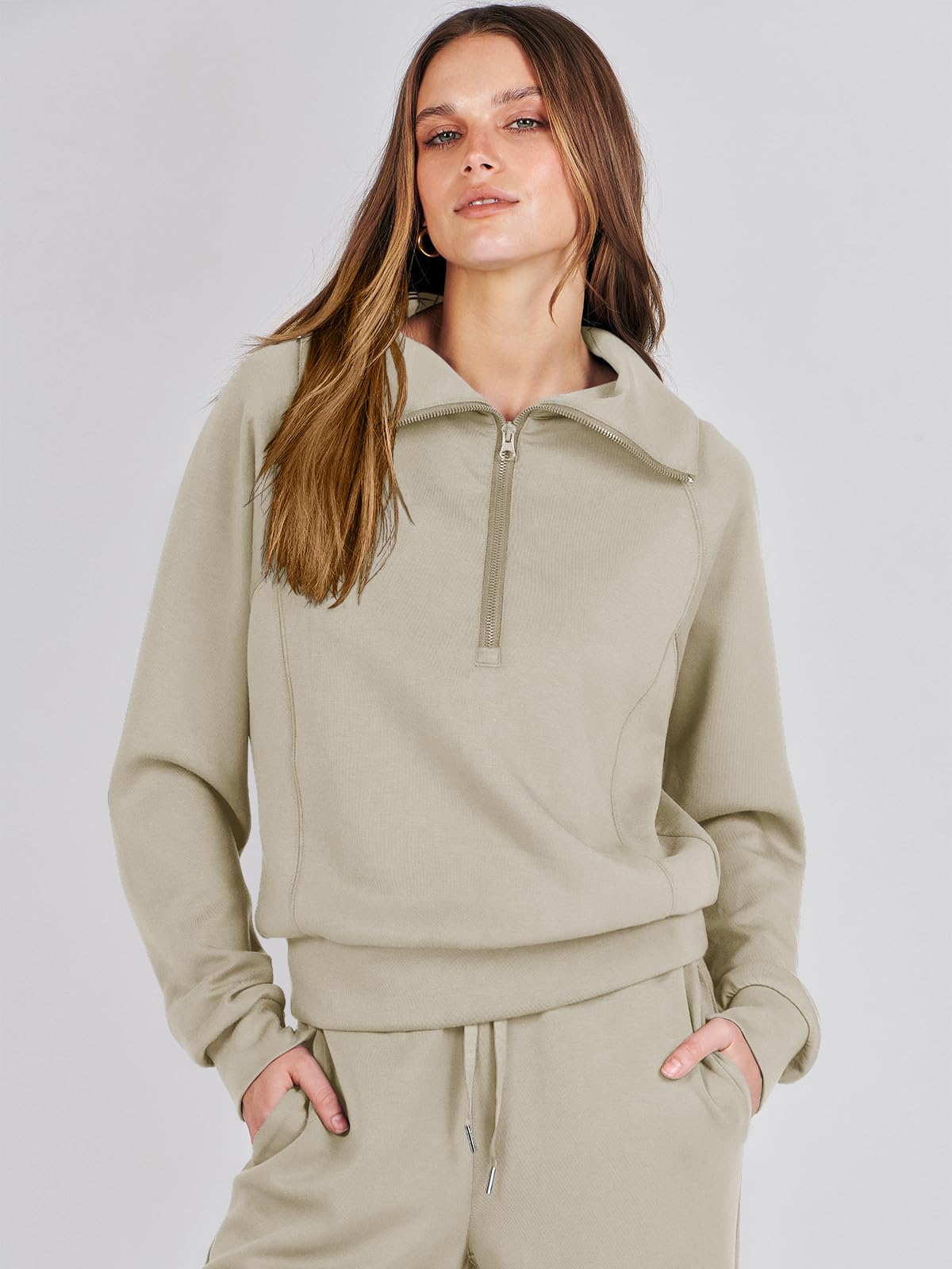 ANRABESS Women 2 Piece Outfits Sweatsuit Oversized Sweatshirt Sweatpants Tracksuit Sweat Lounge Matching Set 2024 Fall Trendy Light Khaki Medium