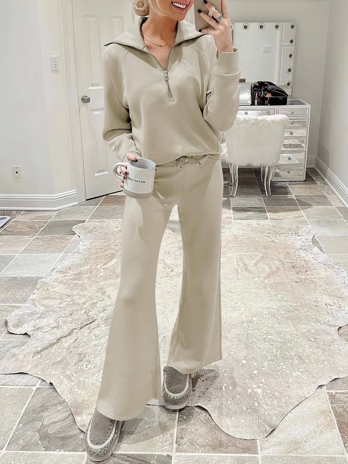 ANRABESS Women 2 Piece Outfits Sweatsuit Oversized Sweatshirt Sweatpants Tracksuit Sweat Lounge Matching Set 2024 Fall Trendy Light Khaki Medium