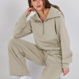 ANRABESS Women 2 Piece Outfits Sweatsuit Oversized Sweatshirt Sweatpants Tracksuit Sweat Lounge Matching Set 2024 Fall Trendy Light Khaki Medium