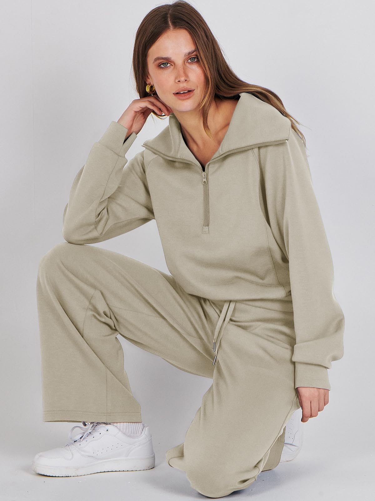 ANRABESS Women 2 Piece Outfits Sweatsuit Oversized Sweatshirt Sweatpants Tracksuit Sweat Lounge Matching Set 2024 Fall Trendy Light Khaki Medium