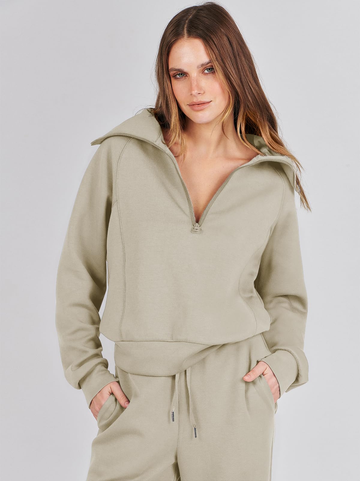 ANRABESS Women 2 Piece Outfits Sweatsuit Oversized Sweatshirt Sweatpants Tracksuit Sweat Lounge Matching Set 2024 Fall Trendy Light Khaki Medium