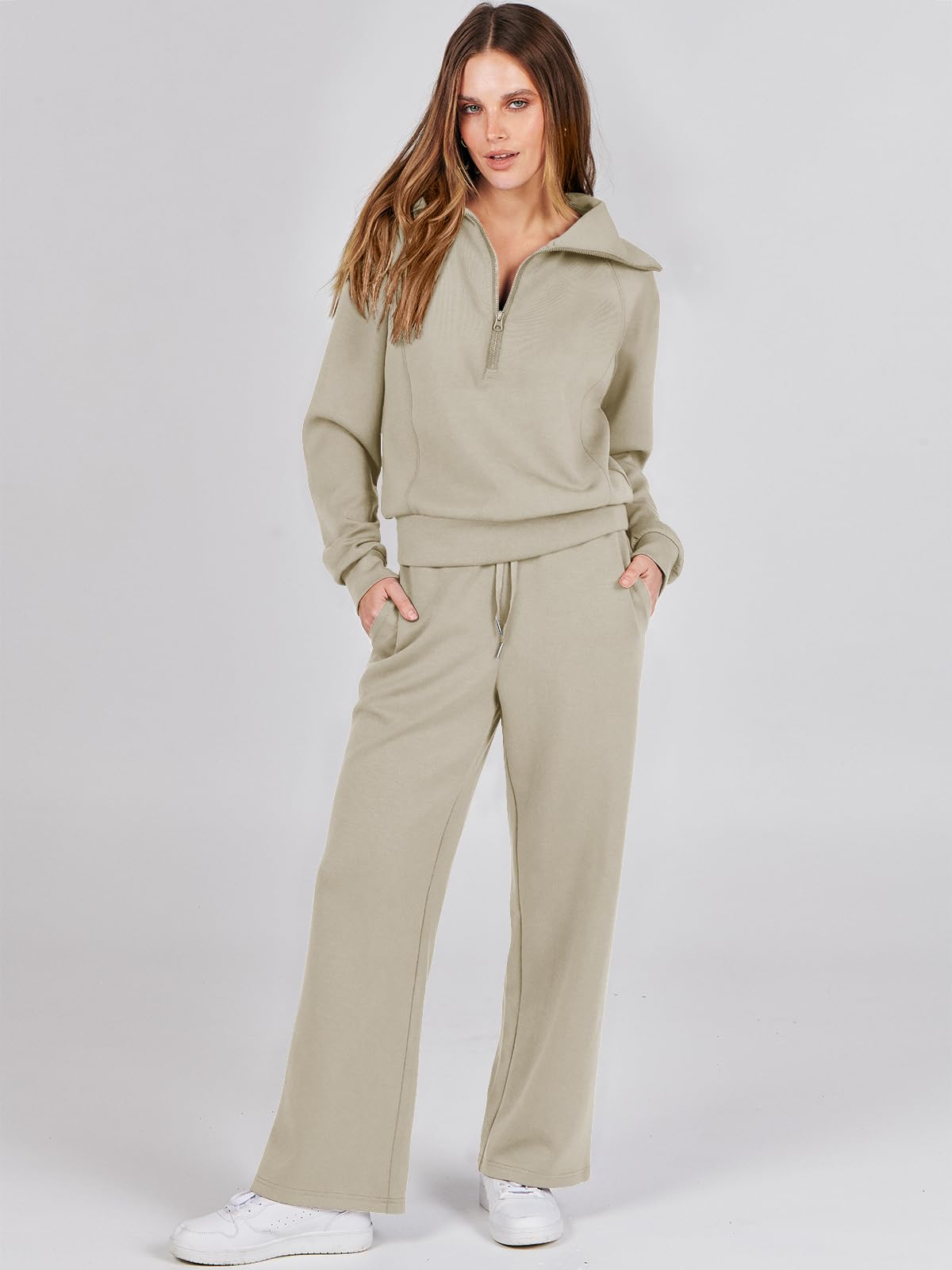 ANRABESS Women 2 Piece Outfits Sweatsuit Oversized Sweatshirt Sweatpants Tracksuit Sweat Lounge Matching Set 2024 Fall Trendy Light Khaki Medium