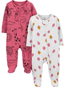 simple joys by carter's baby girls' 2-way zip thermal footed sleep and play, pack of 2, dark rose forest animals/grey strawberries, preemie