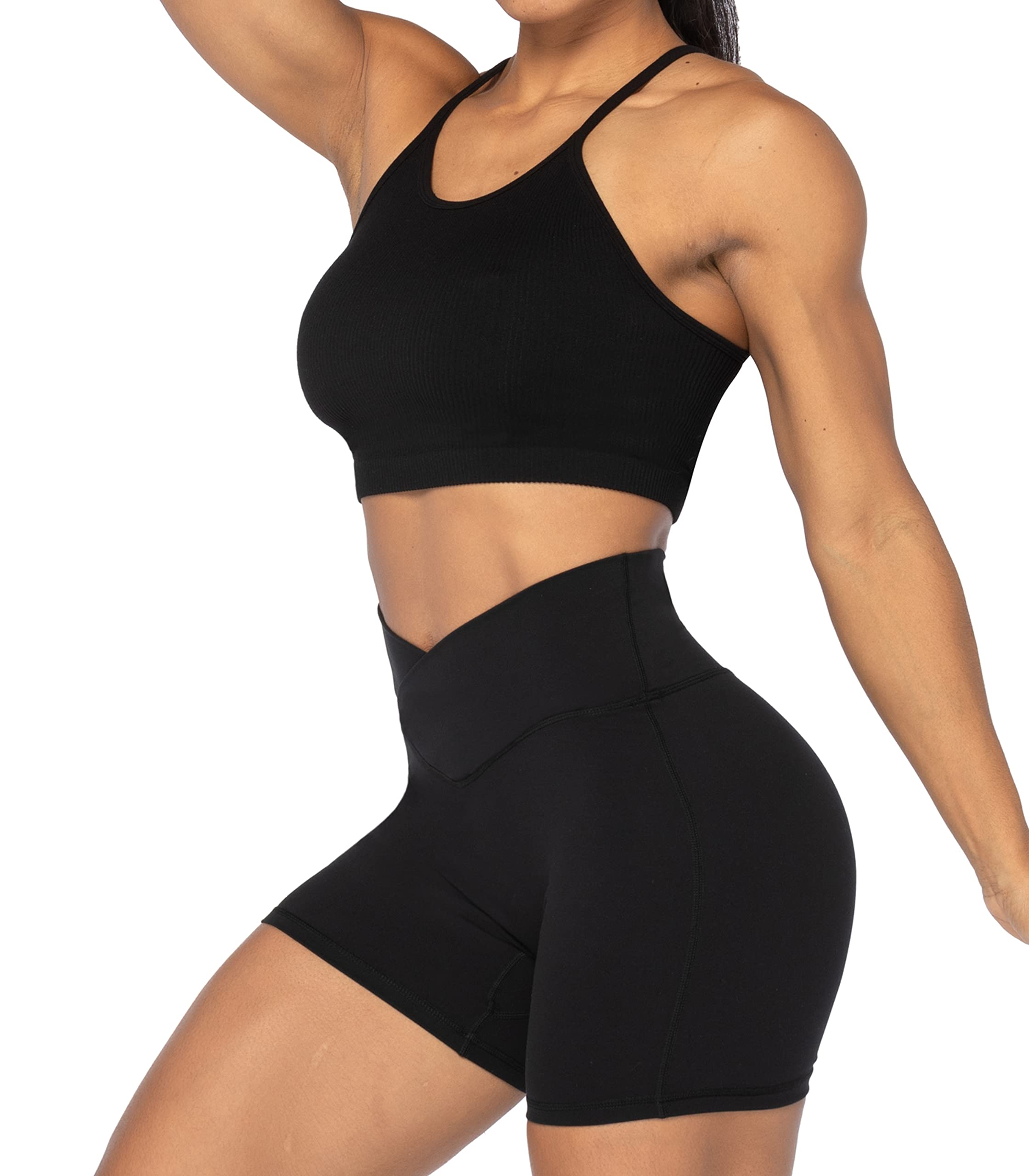 Sunzel Softmax Crossover Biker Shorts for Women, No Front Seam V High Waist Yoga Workout Gym Shorts with Tummy Control Black Large