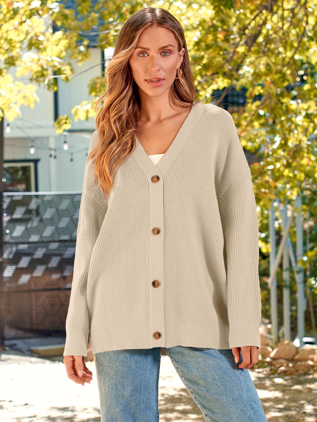 LILLUSORY Women Oversized Cardigan Sweater Fall Outfits Cloth Fashion 2024 V Neck Long Cashmere Knit Button Front Trendy Tops Apricot