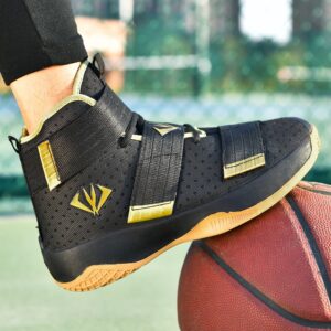 WELRUNG Unisex's Ankle Support Breathable Basketball Shoes Running Sports Outdoor Non-slip Students Sneakers Gold 8/6.5 US