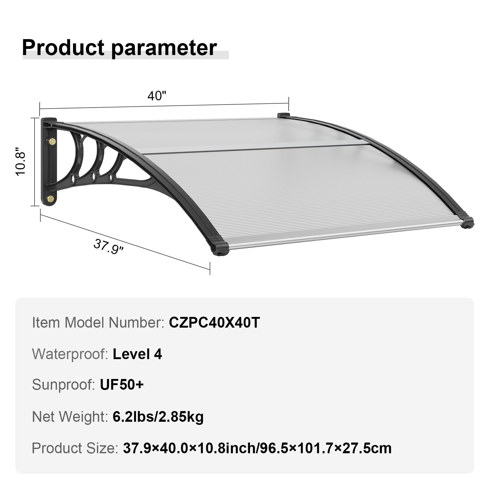 VEVOR Window Door Awning Canopy 40" x 40", UPF 50+ Polycarbonate Entry Door Outdoor Window Awning Exterior, Front Door Overhang Awning for Sun Shutter, UV, Rain, Snow Protection, Hollow Sheet