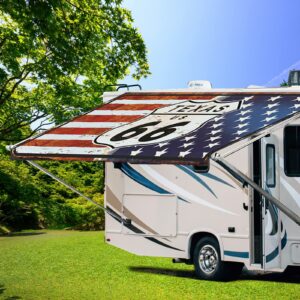 dulepax rv awning fabric replacement-11'(10'2" fabric) heavy duty 16 oz vinyl fabric -universal camper awning fabric replacement for all awning brands-photo graphic art1:american flag+route 66